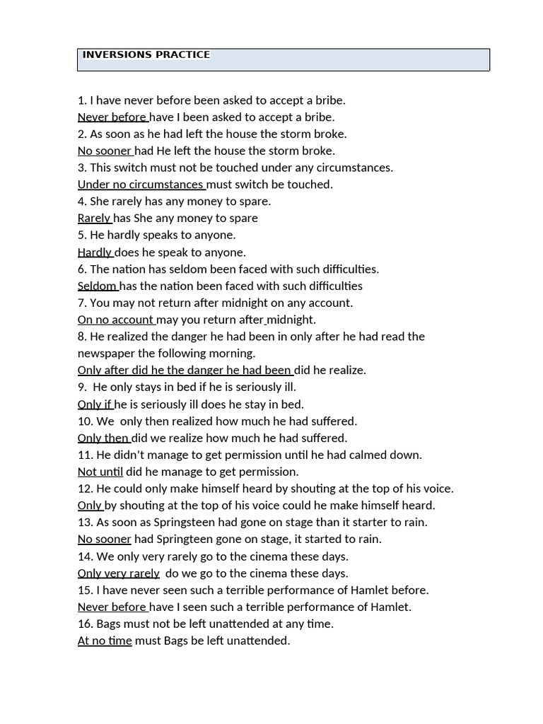 REINFORCEMENT PRACTICE ON INVERSIONS | PDF