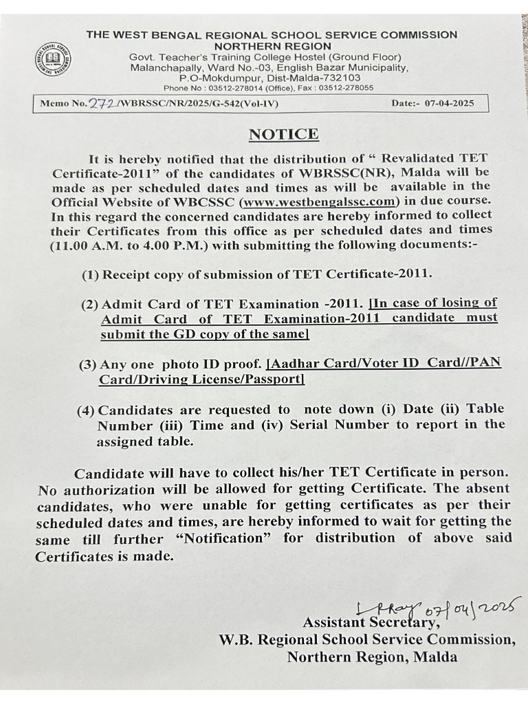 Notice Schedule Northern Distribution For TET Certificates 7 April 2025 ...