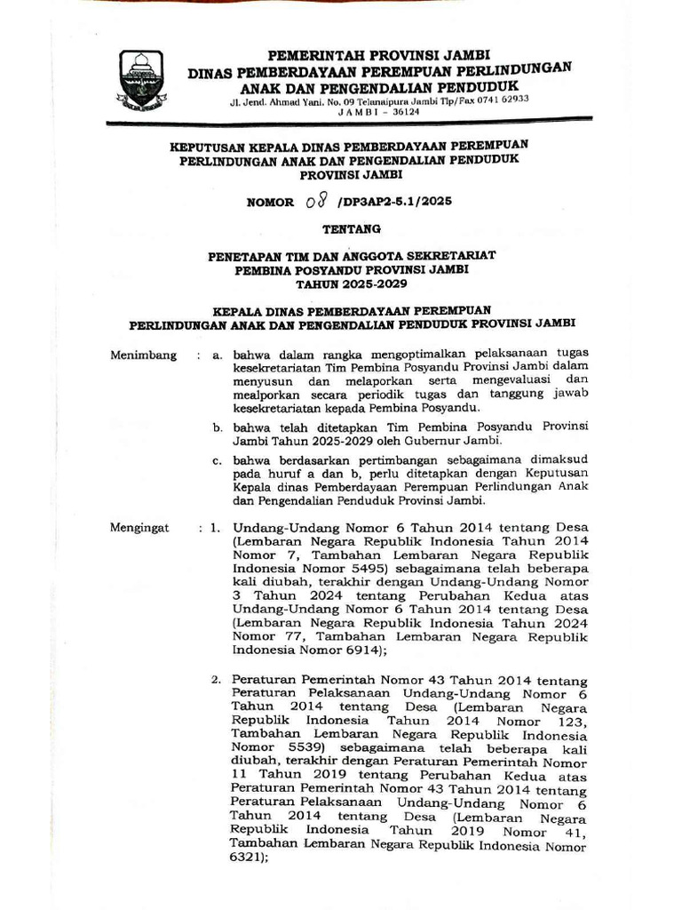 SK Sekretariat Tim Dan Anggota Pembina Posyandu Prov. Jambi | PDF