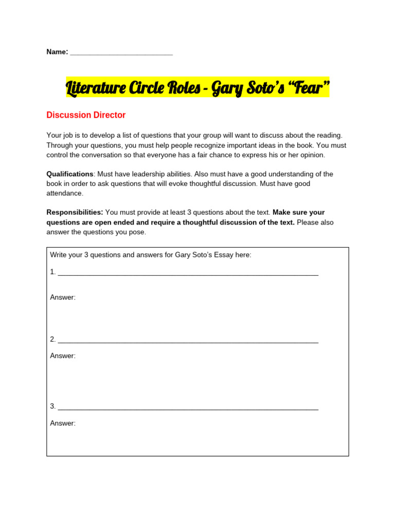 Literature Circle Roles for "Fear" | PDF | Vocabulary | Cognition