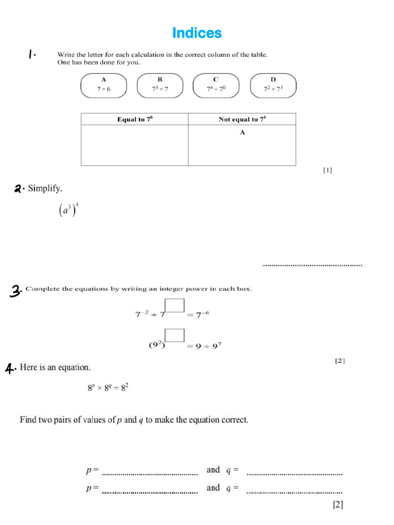 Indices Revision Questions Year 9 | PDF