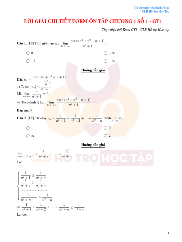 5. Đáp án Form ôn tập chương 1 số 1 Giải tích 1 Kỳ 2024.1 - CLB HTHT | PDF