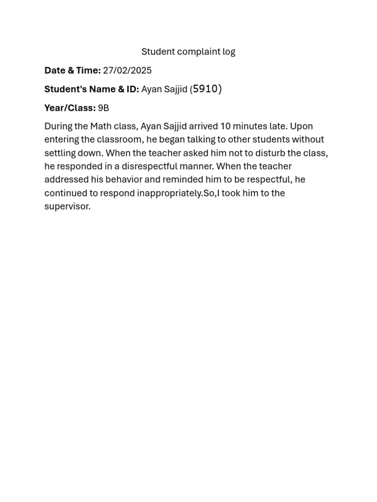 Student Behavior Complaint Report | PDF