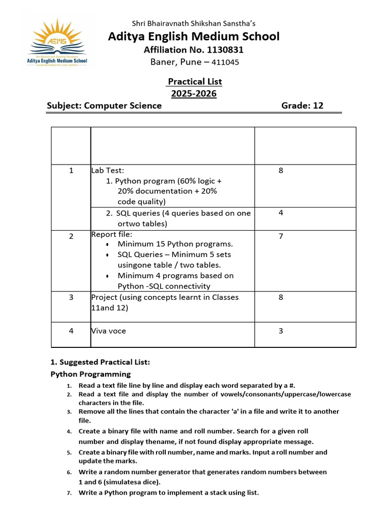 12th Practical List 2025-2026 | PDF | Sql | Table (Database)