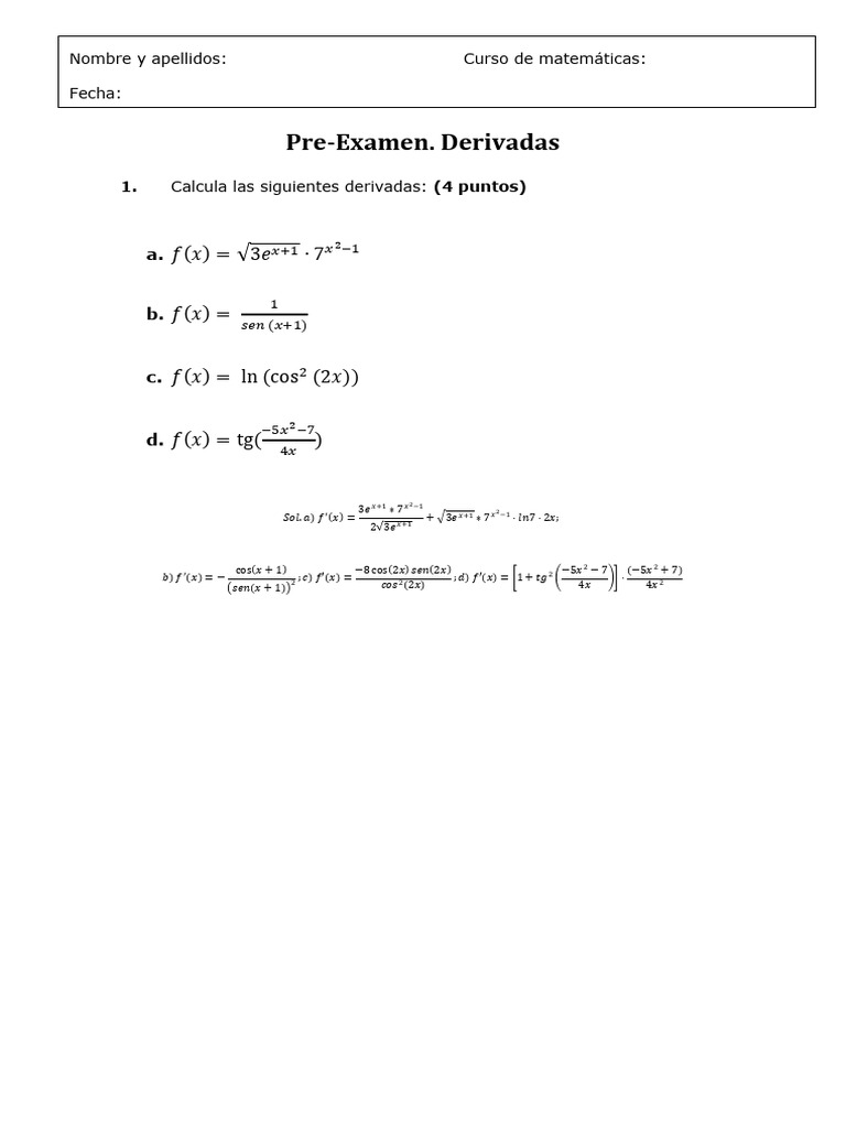 1 - Pre-Examen 8. Derivadas | PDF | Análisis matemático | Matemáticas