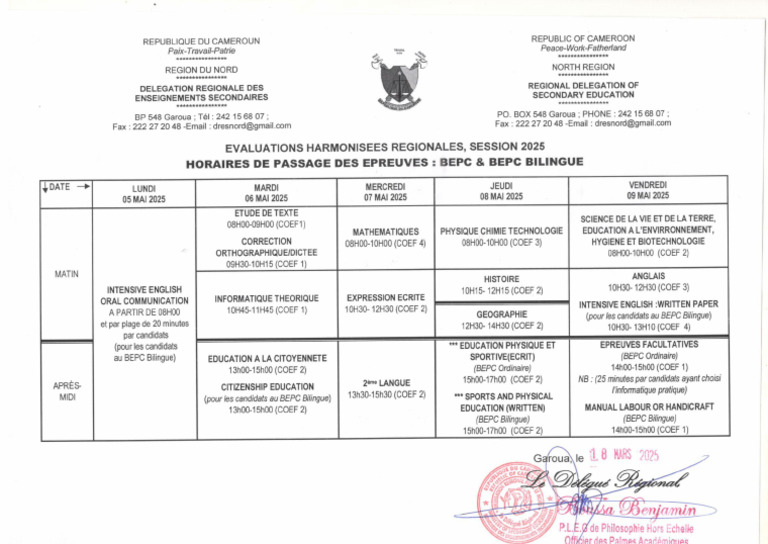 Horaires Bepc Ehr 2025 - 090833 | PDF