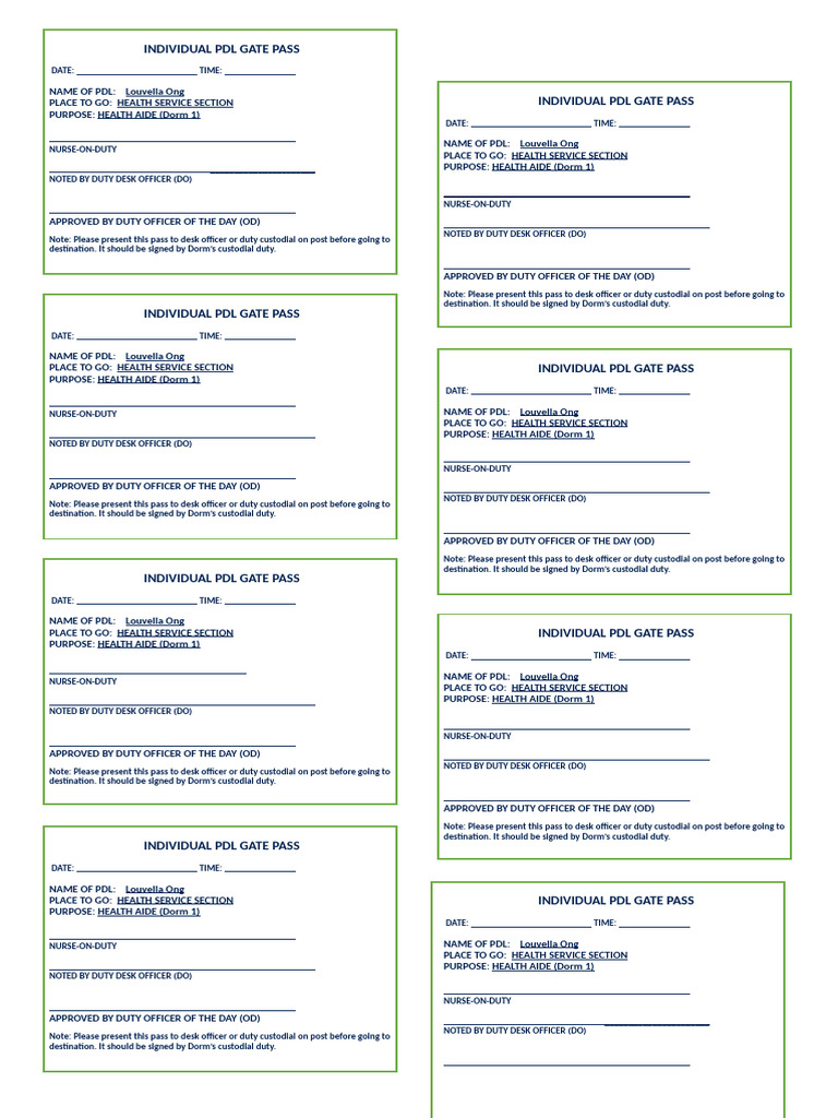 INDIVIDUAL PDL GATE PASS Dorm 1 | PDF | Command And Control | Military Life