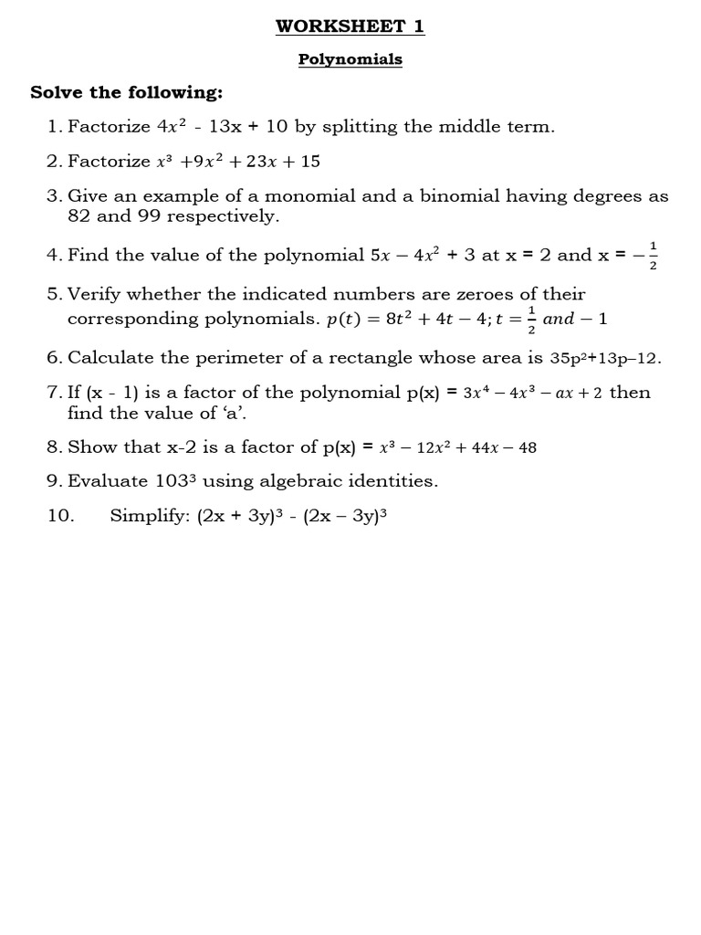 Worksheet 1 (Polynomials) | PDF