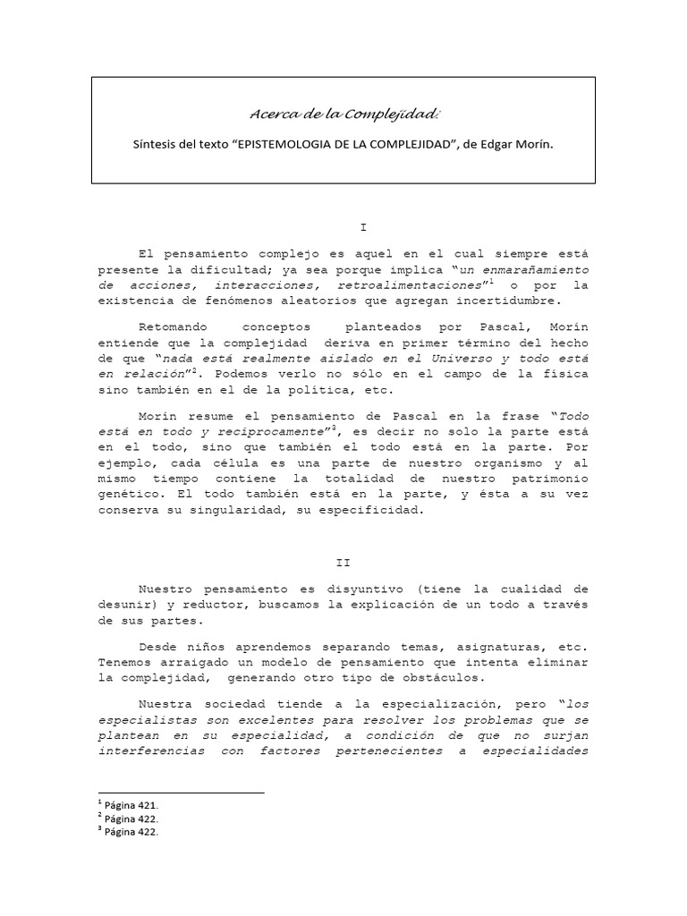 u1 Garreta Morin Epistemologia de La Complejidad | PDF | Pensamiento | Paradigma