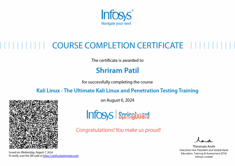 Kali Linux Penetration Testing Course Certificate | PDF
