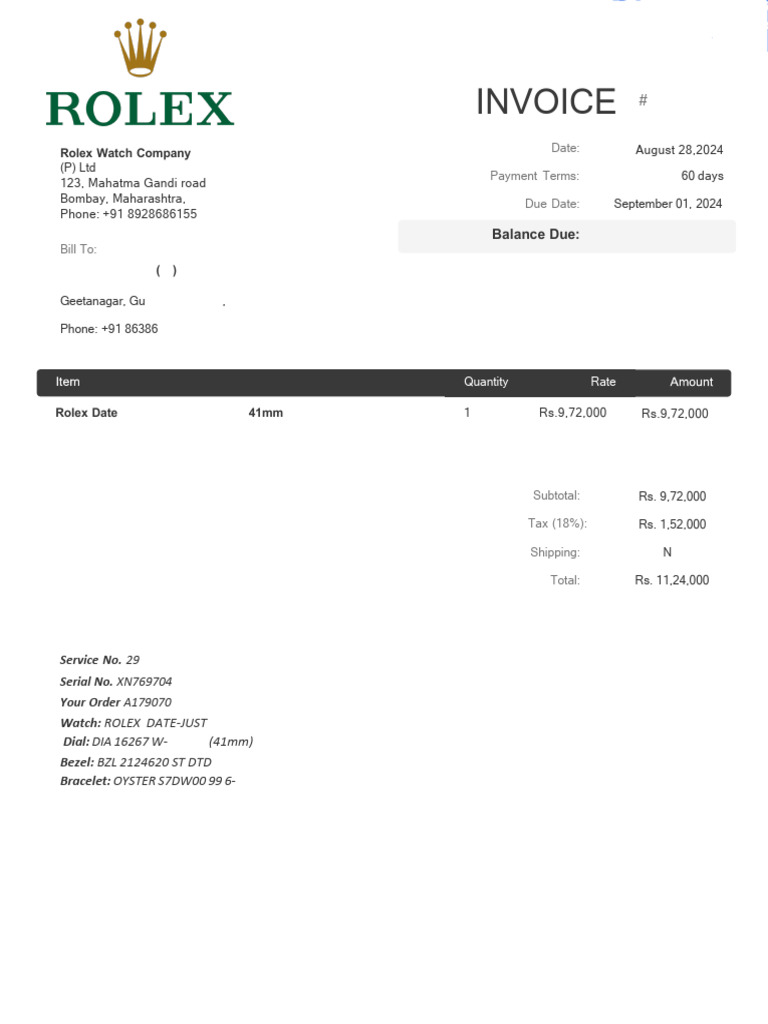 764627388-Rolex-Datejust-Purchase-Invoice-Fr - Copy 2 | PDF