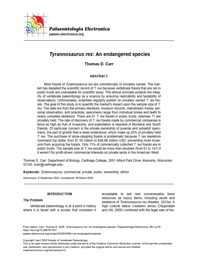 Carr 2025 T. Rex Endangered Species | PDF | Tyrannosaurus | Dinosaurs