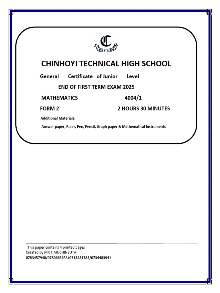 End of First Term Mathematics Form 2 Examination 2025 | PDF | Mathematics