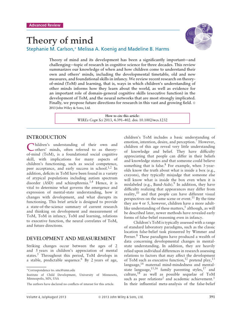 WIRES Cognitive Science - 2013 - Carlson - Theory of Mind | PDF ...