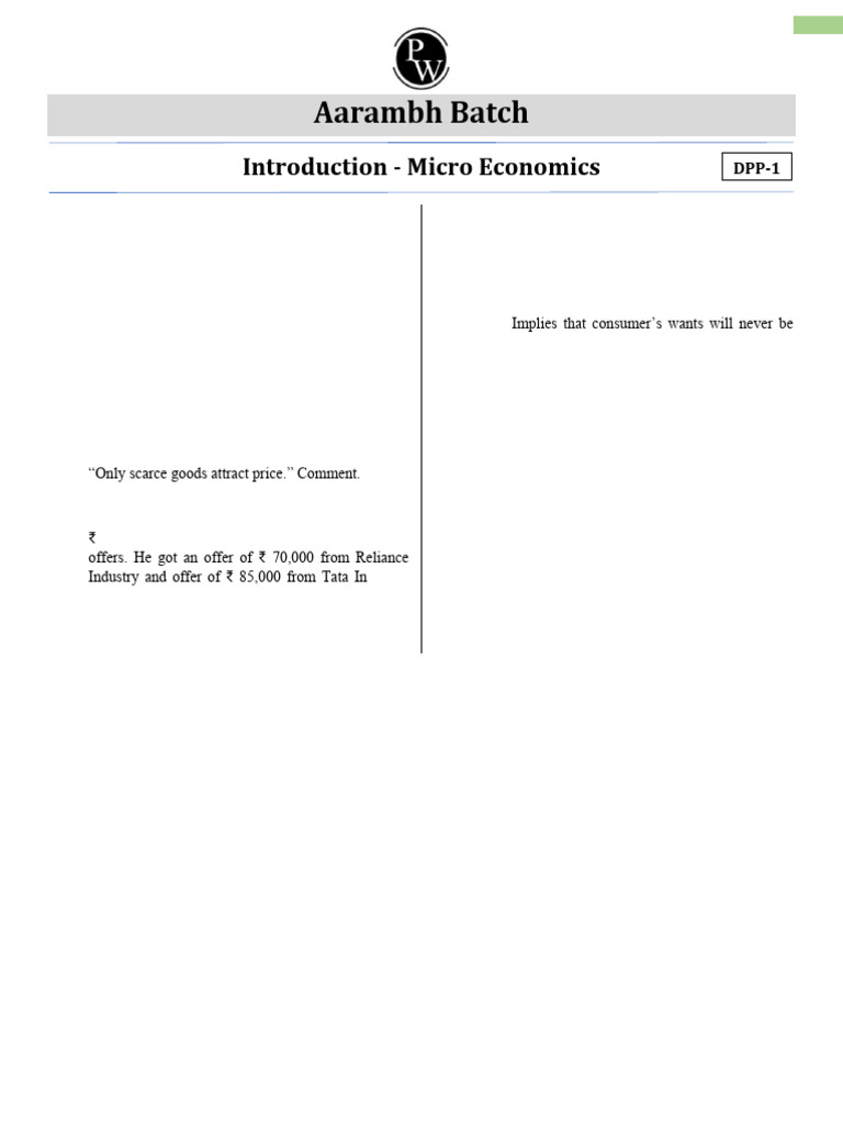 Introduction Micro Economics DPP 01 Aarambh 2-0-2024 | PDF | Economies | Economics
