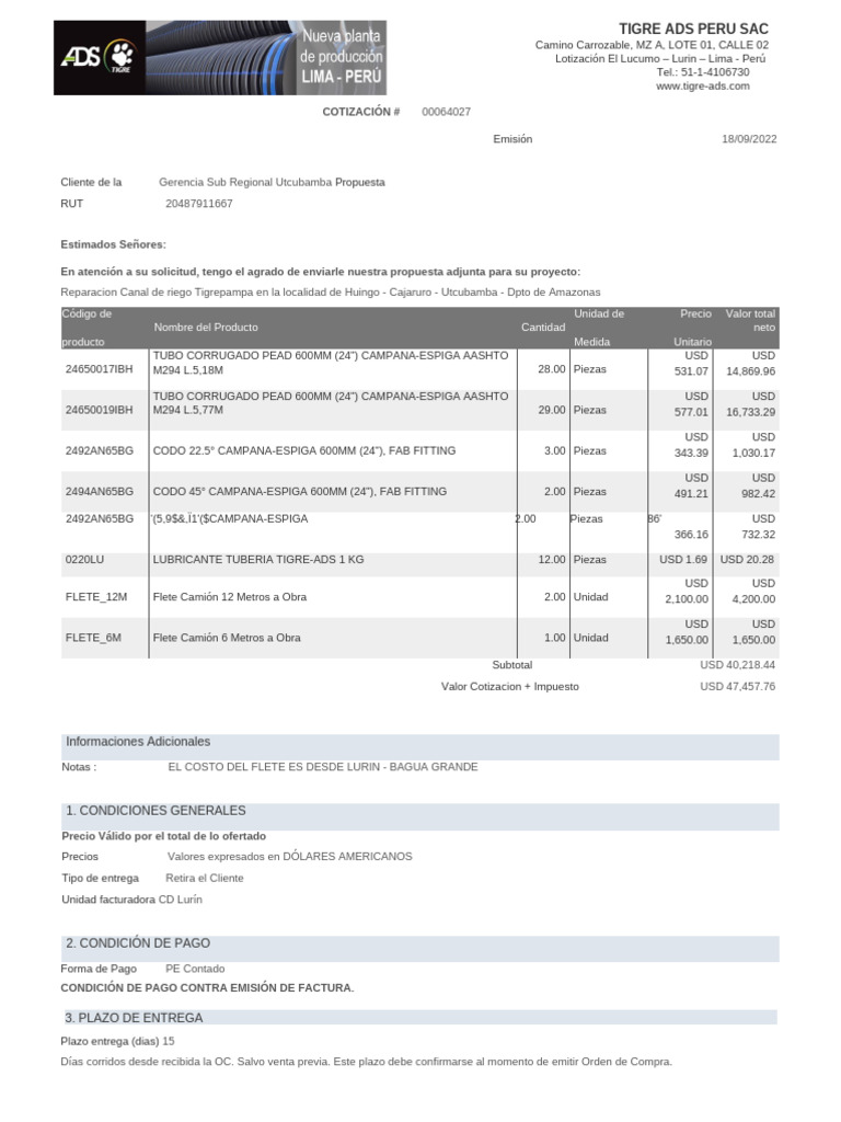TUB. CORRUGADA COTI 64027 - CANAL TIGREPAMPA - UTCUBAMBA Ok | PDF | Perú
