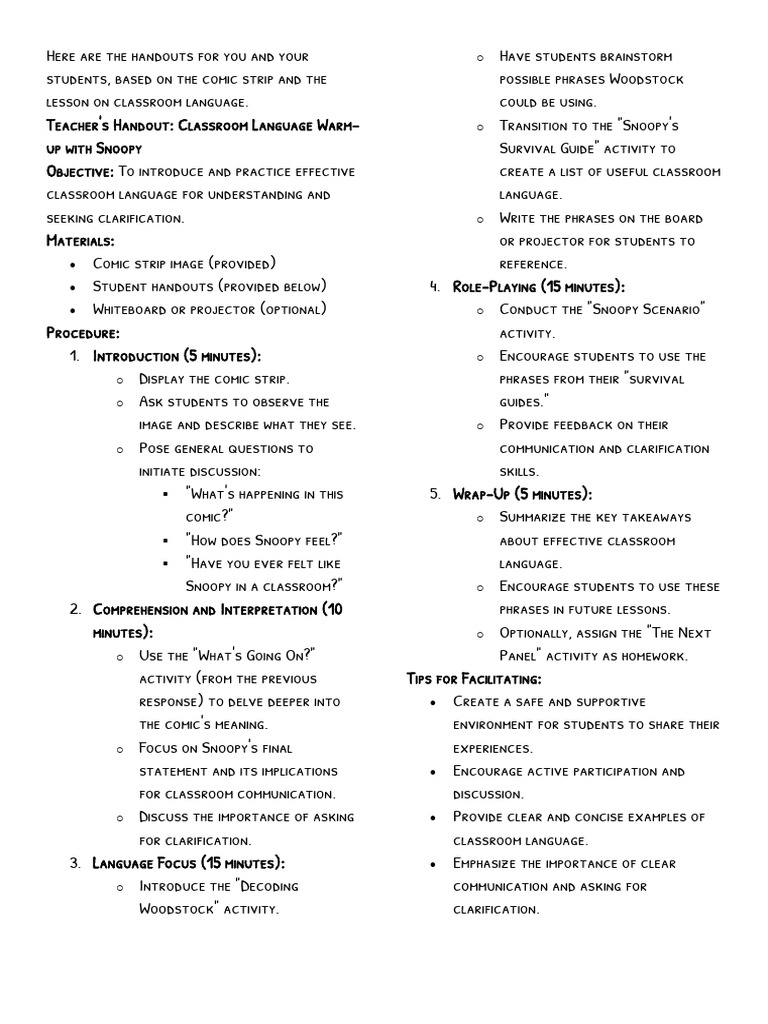 Worksheet 4 - Snoopy and Classroom Language | PDF | Learning | Behavior ...