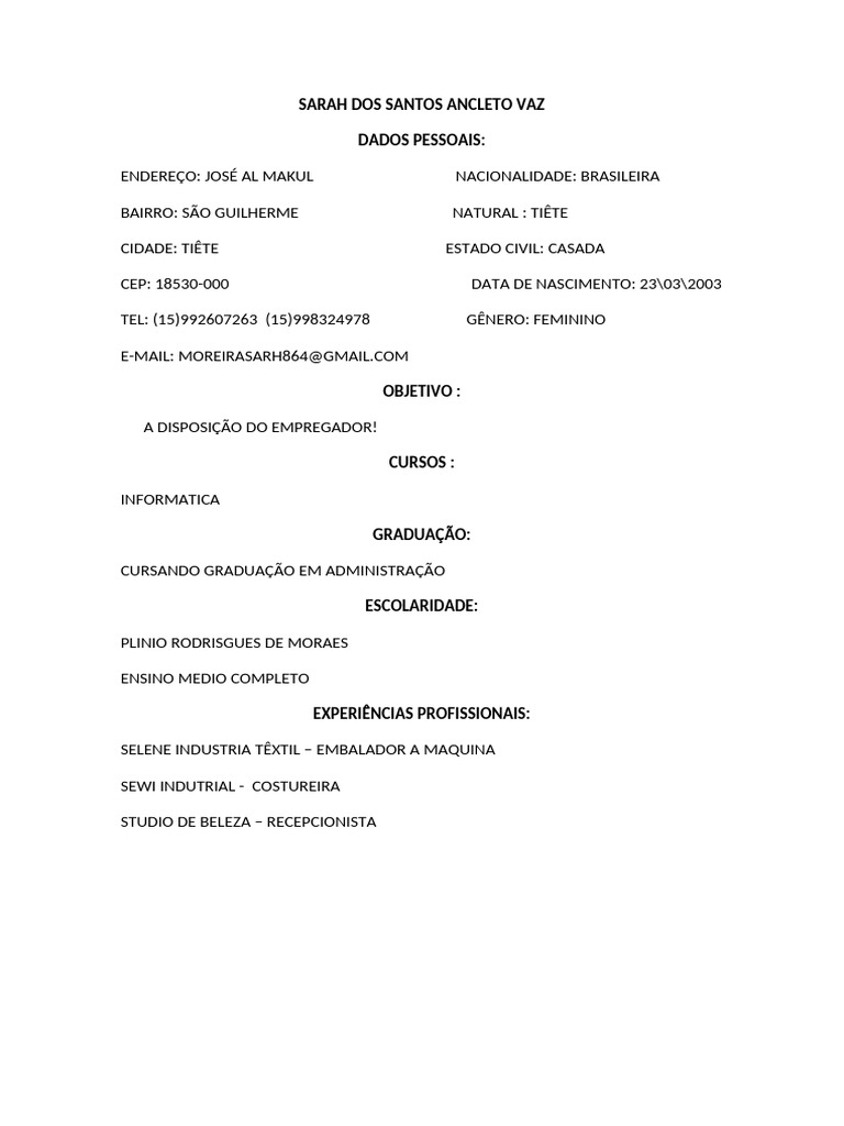 Currículo de Sarah Ancleto Vaz | PDF