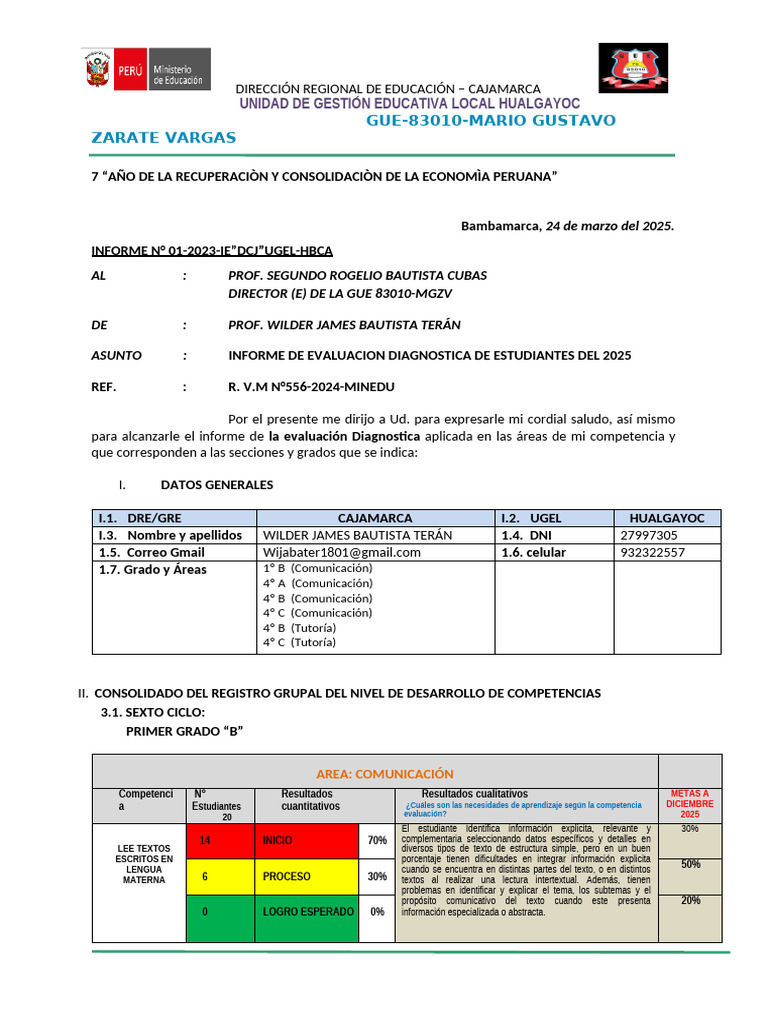 Informe Oficial de Evaluacion Diagnostica - Wilder James Bautista Teran ...