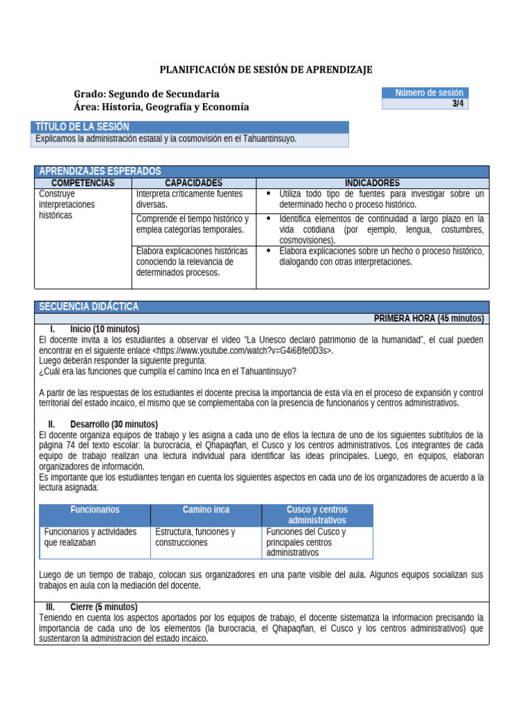 HGE - U5 - 2do Grado - Sesion 03 | PDF | Imperio Inca | Maestros