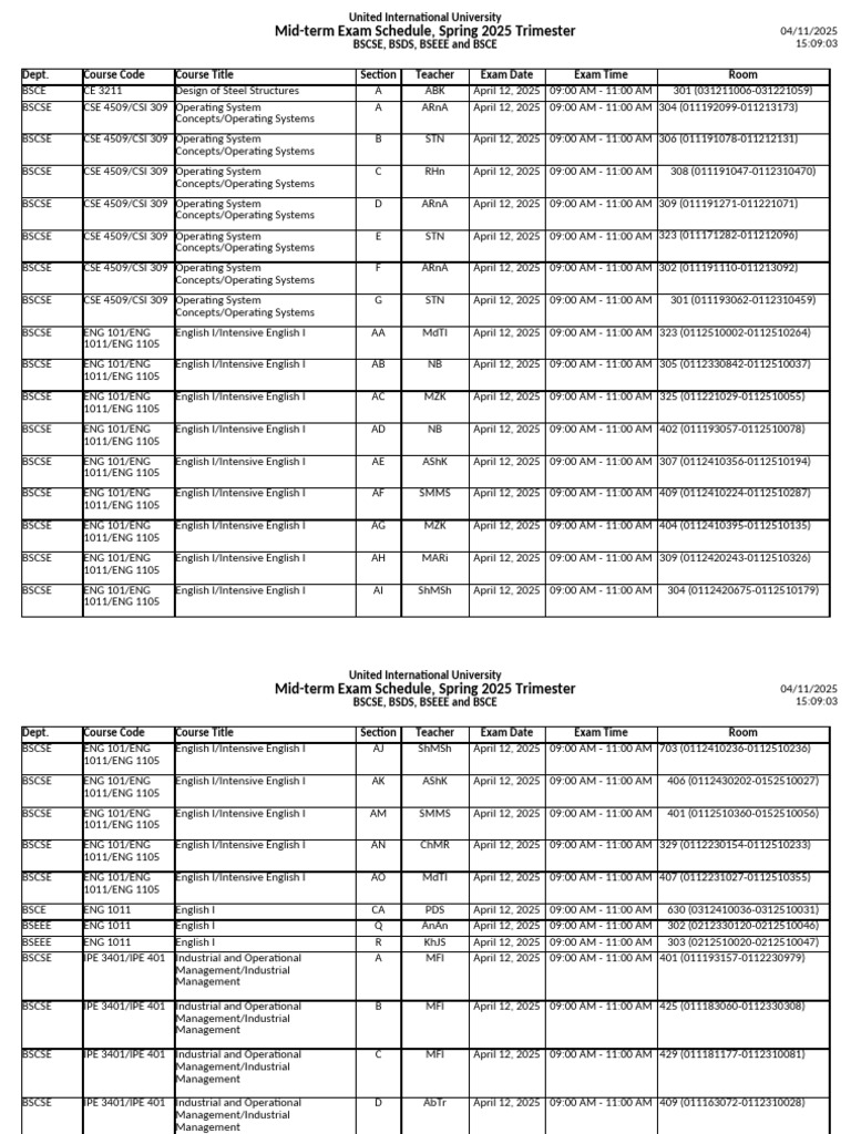 Mid Term Exam Schedule 251 Sose | PDF | Equations | Mathematics