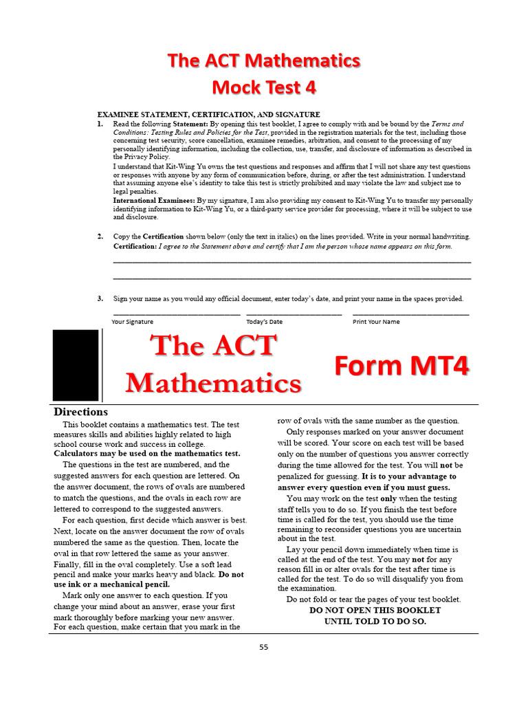 ACT Mathematics Mock Test 4 | PDF | Fahrenheit | Area