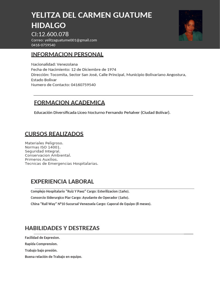 Currículum de Yelitza Guatume en Venezuela | PDF