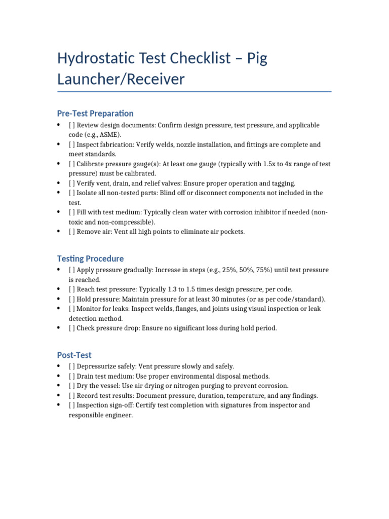 Hydrostatic_Test_Checklist_Pig_Launcher_Receiver | PDF