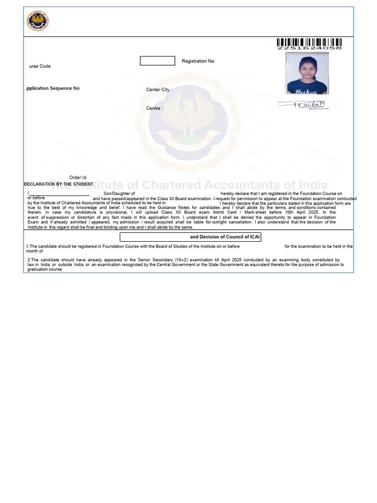 ICAI Foundation Exam Application Form | PDF