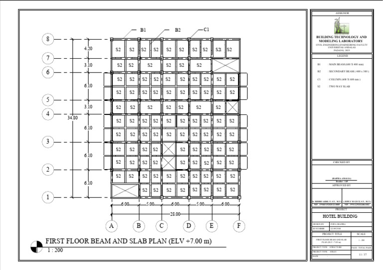 First Floor Beam and Slab Plan (Elv +7.00 M) : Building Technology and Modeling Laboratory | PDF