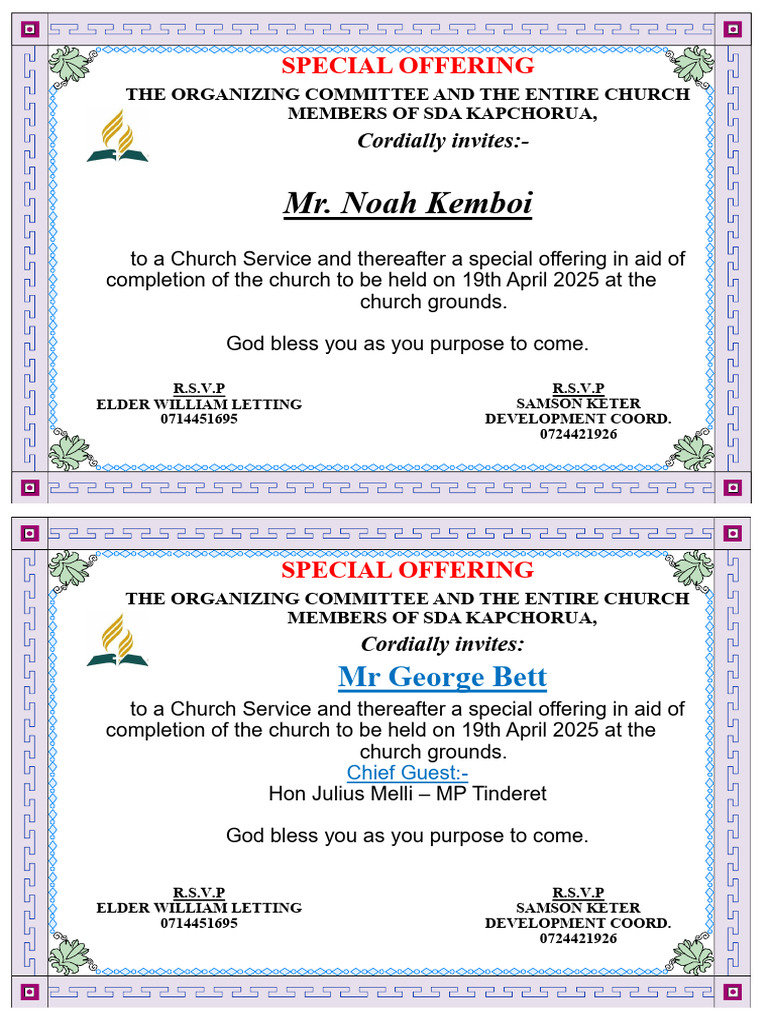 KAPCHORUA SDA Harambee Card Blank | PDF