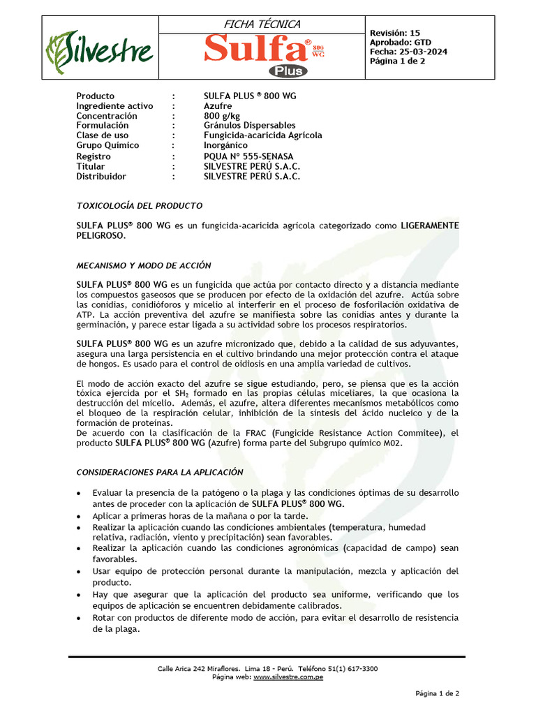 FT Sulfa Plus 800 WG | PDF | Azufre