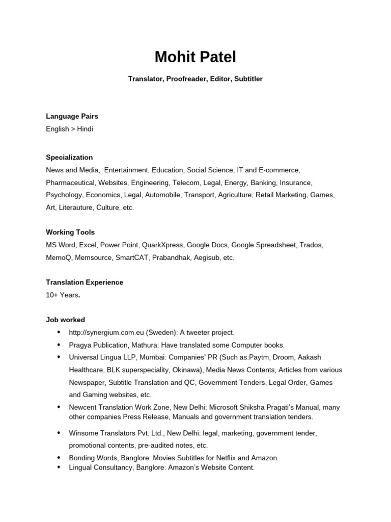 Mohit Patel: Translator, Proofreader, Editor, Subtitler | PDF