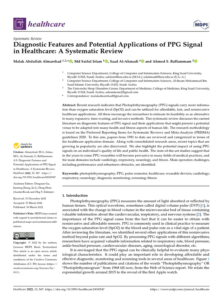 PPG Signal Applications in Healthcare | PDF | Amplitude | Physiology