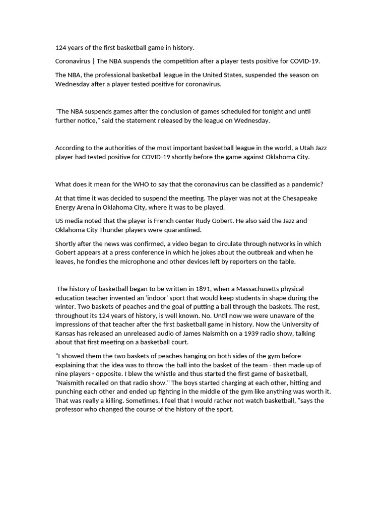 124 Years of The First Basketball Game in History | PDF