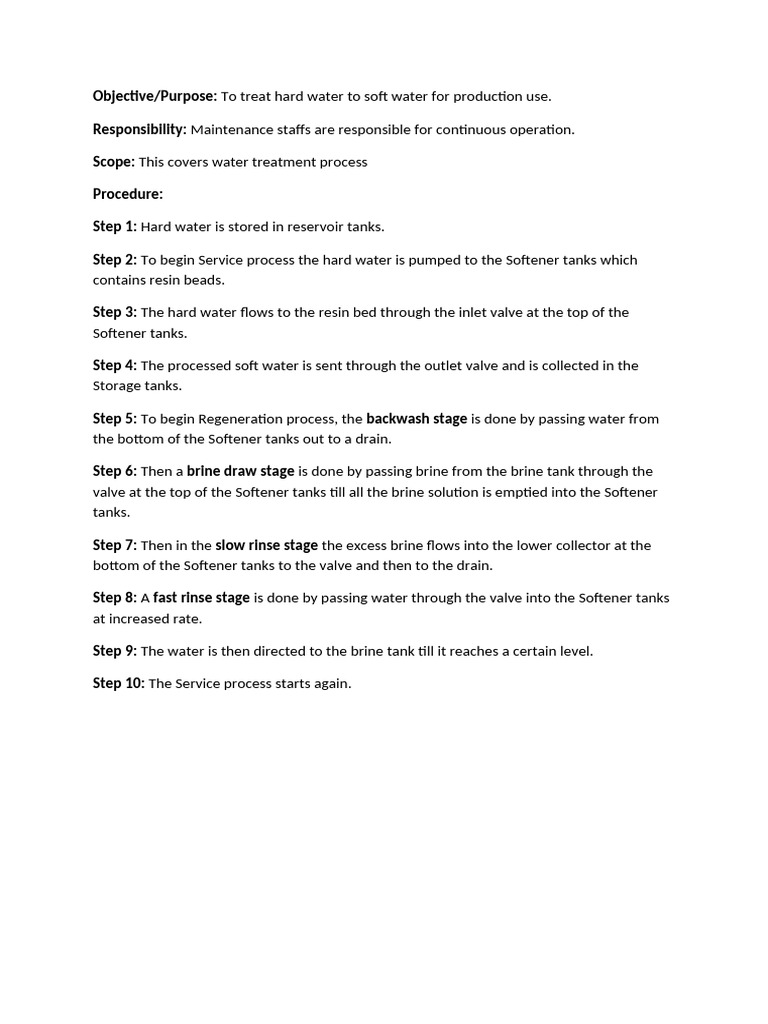 SOP for Water Softening Process | PDF