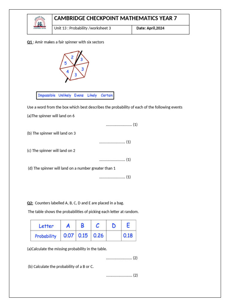 Year 7 Probability Worksheet 3 | PDF