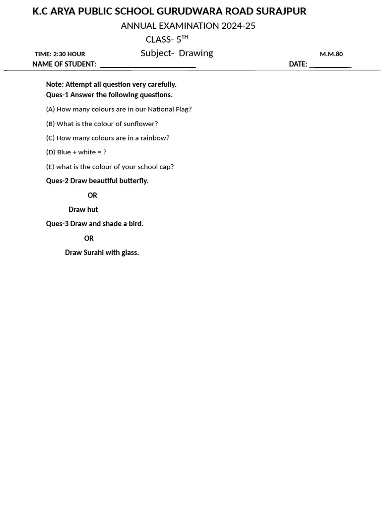 Kc Arya 5th Drawing Paper | PDF