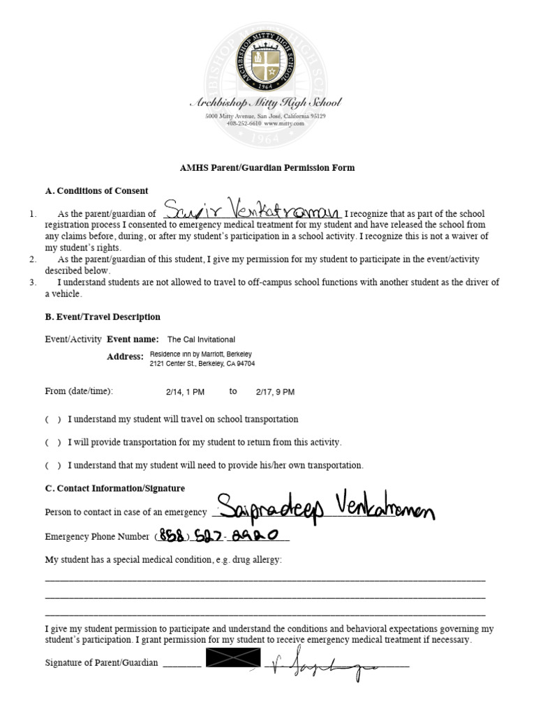 (SavirVenkatraman) - AMHS Permission Slip Cal 2025 | PDF | Medicine | Health Care