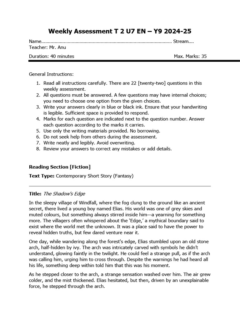 Weekly Assessment T 2 U7 EN | PDF | Fantasy