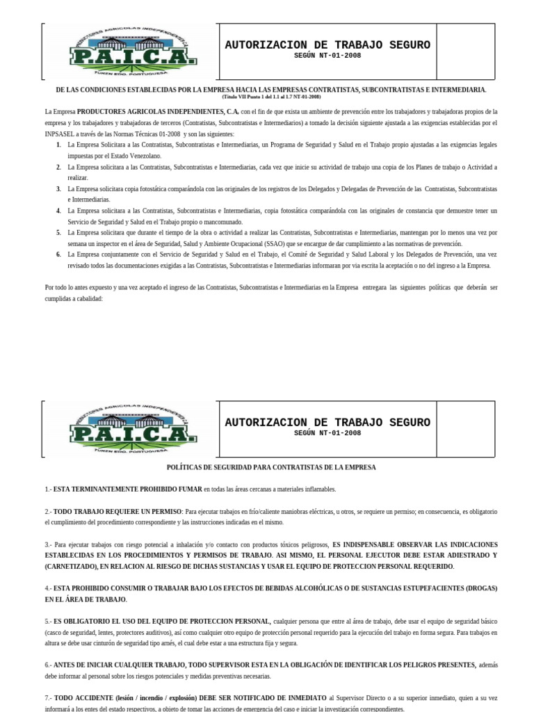 AUTORIZACION EMPRESAS CONTRATISTAS | PDF | Seguridad y salud ocupacional | Outsourcing