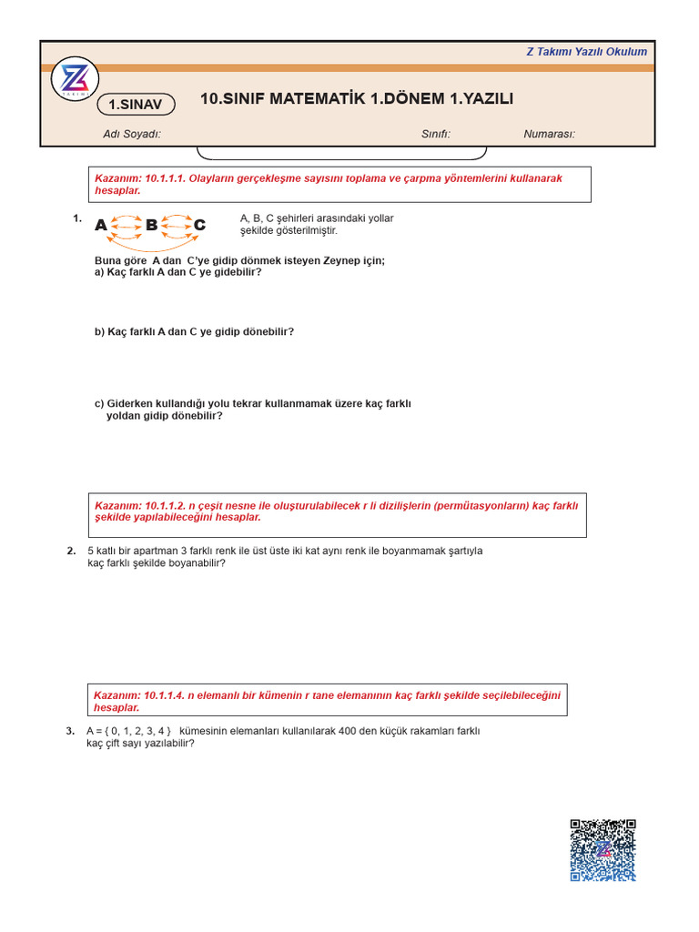10 Sinif Matematik Ortak Yazili Sorulari Ornek Merkezeteget 1.Donem 1.Yazili | PDF