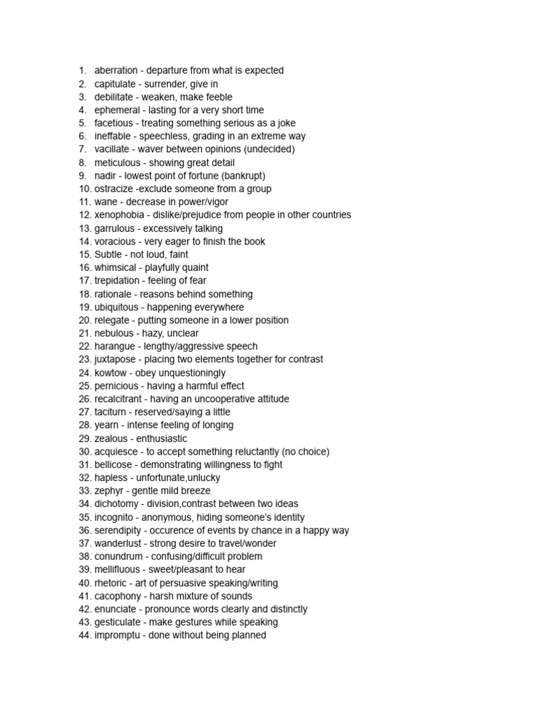 50 Unique Vocabulary Words Explained | PDF