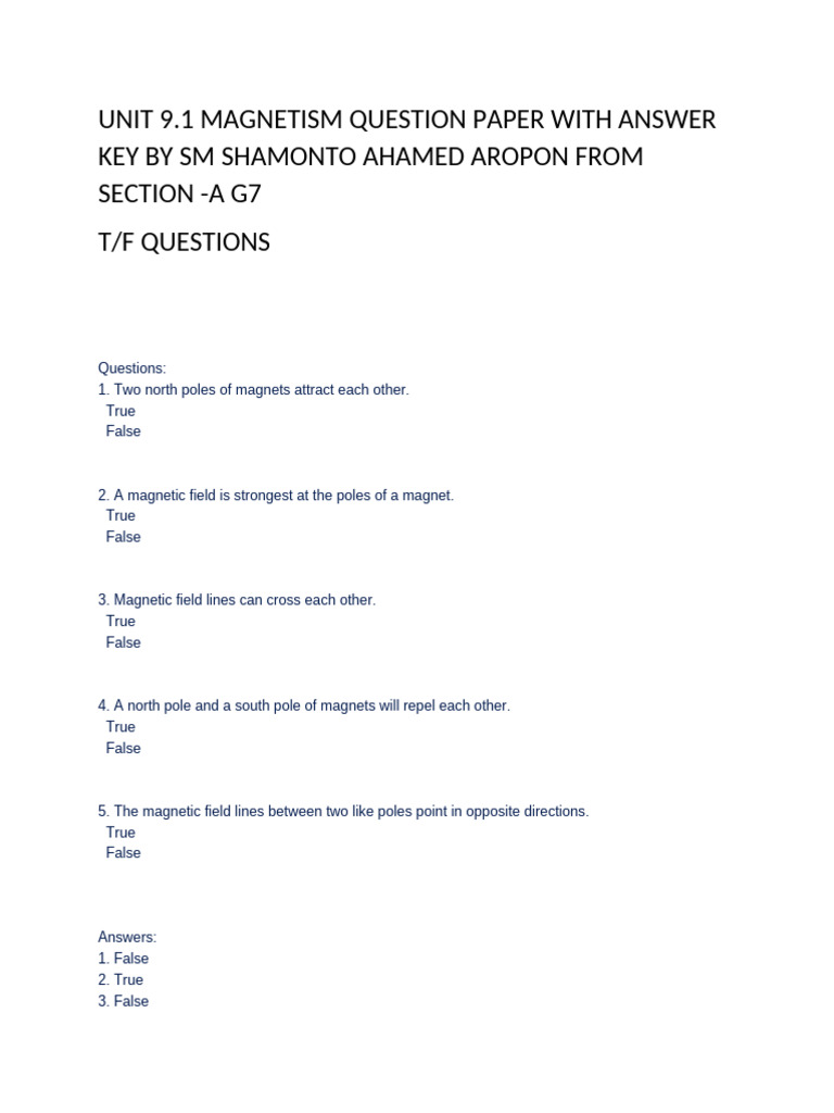 Magnetism Question Paper with Answers | PDF | Magnetic Field | Magnet
