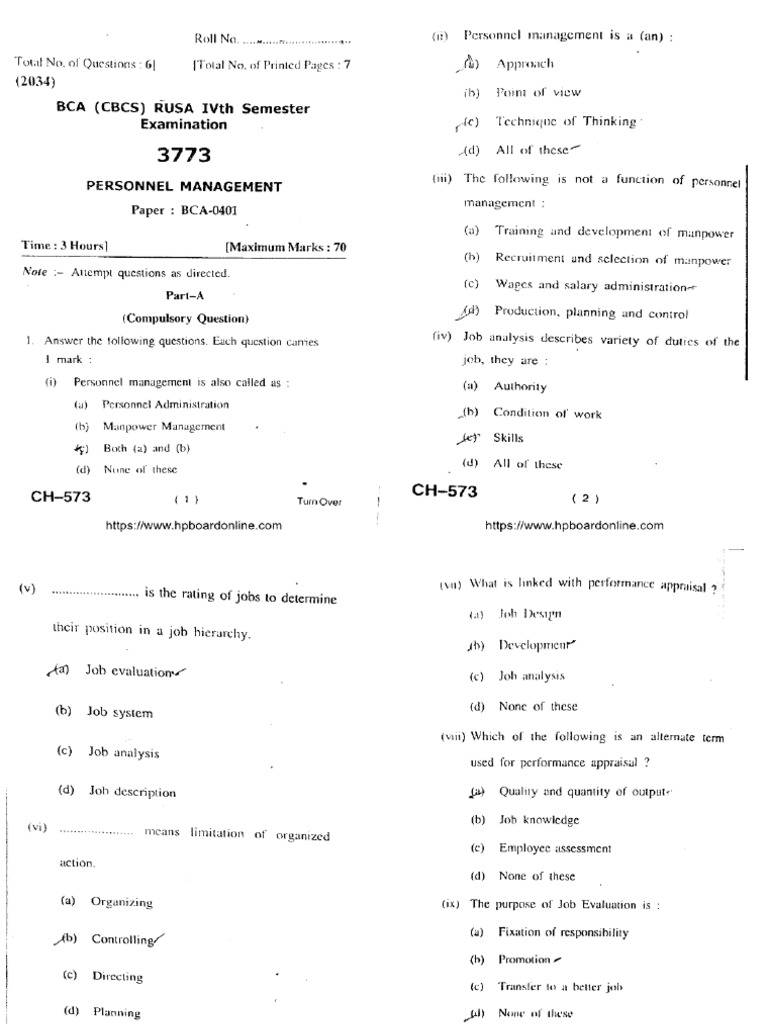 Hpu Bca 4 Sem Personnel Management 3773 2024 | PDF