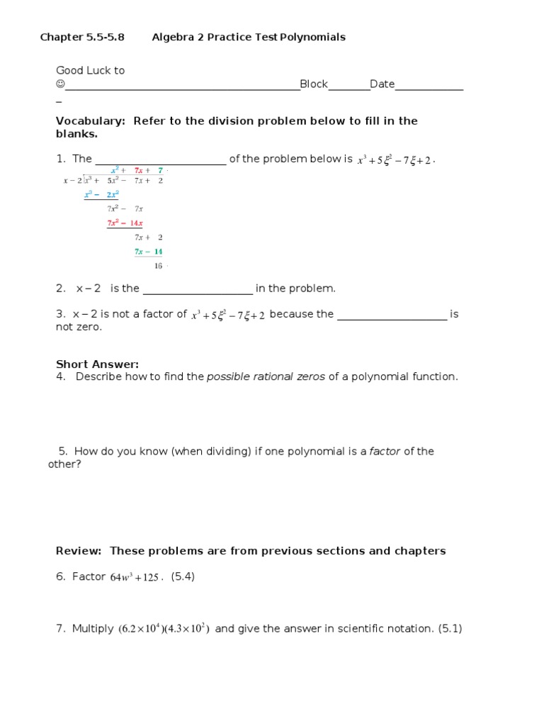 Algebra 2 Polynomial Practice Test | PDF | Polynomial | Factorization