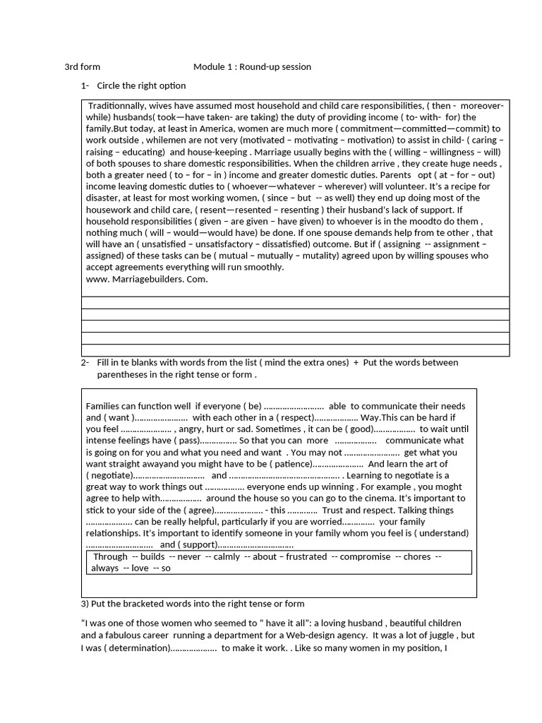 3rd Form Module 1 Consolidation Tasks | PDF | Social Institutions | Family