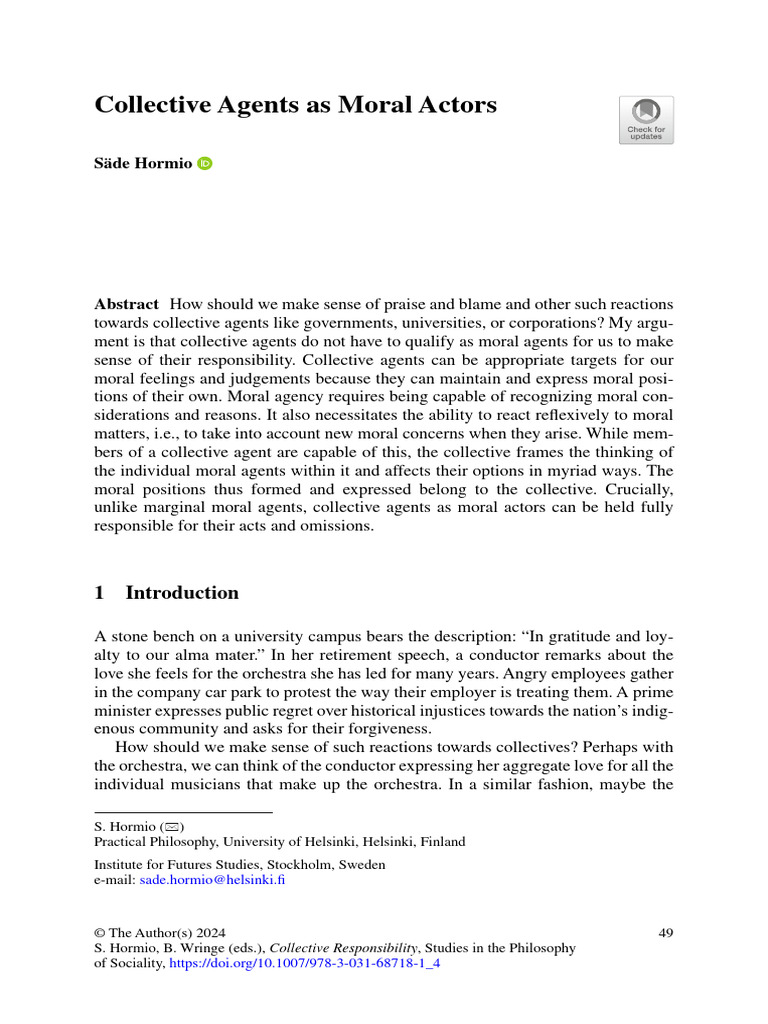 Collective Agents As Moral Actors: Säde Hormio | PDF | Rationality | Reason