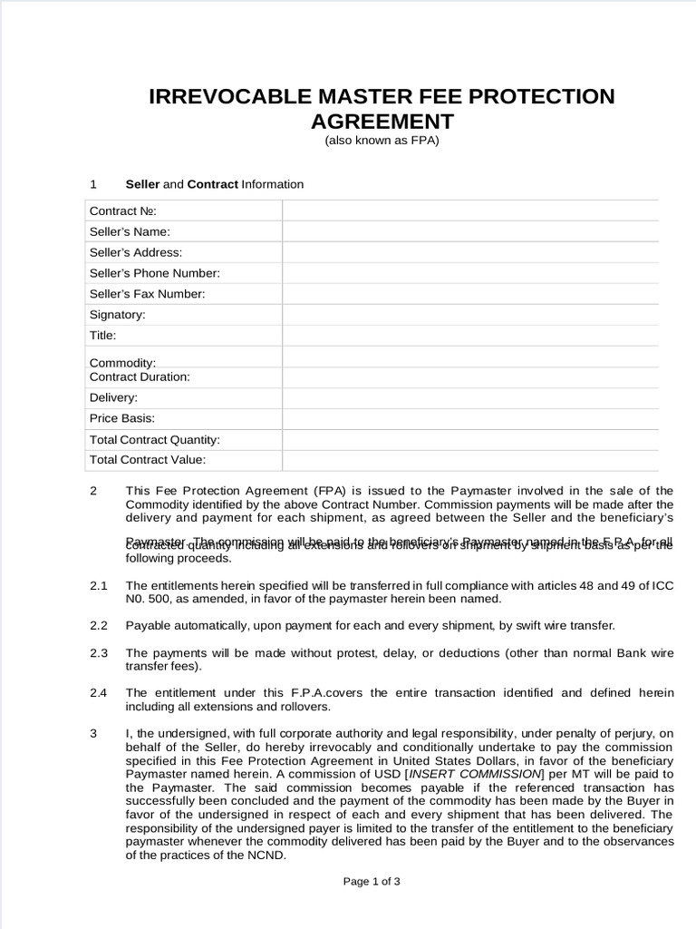 Irrevocable Master Fee Agreement Sample | PDF | Payments | Money