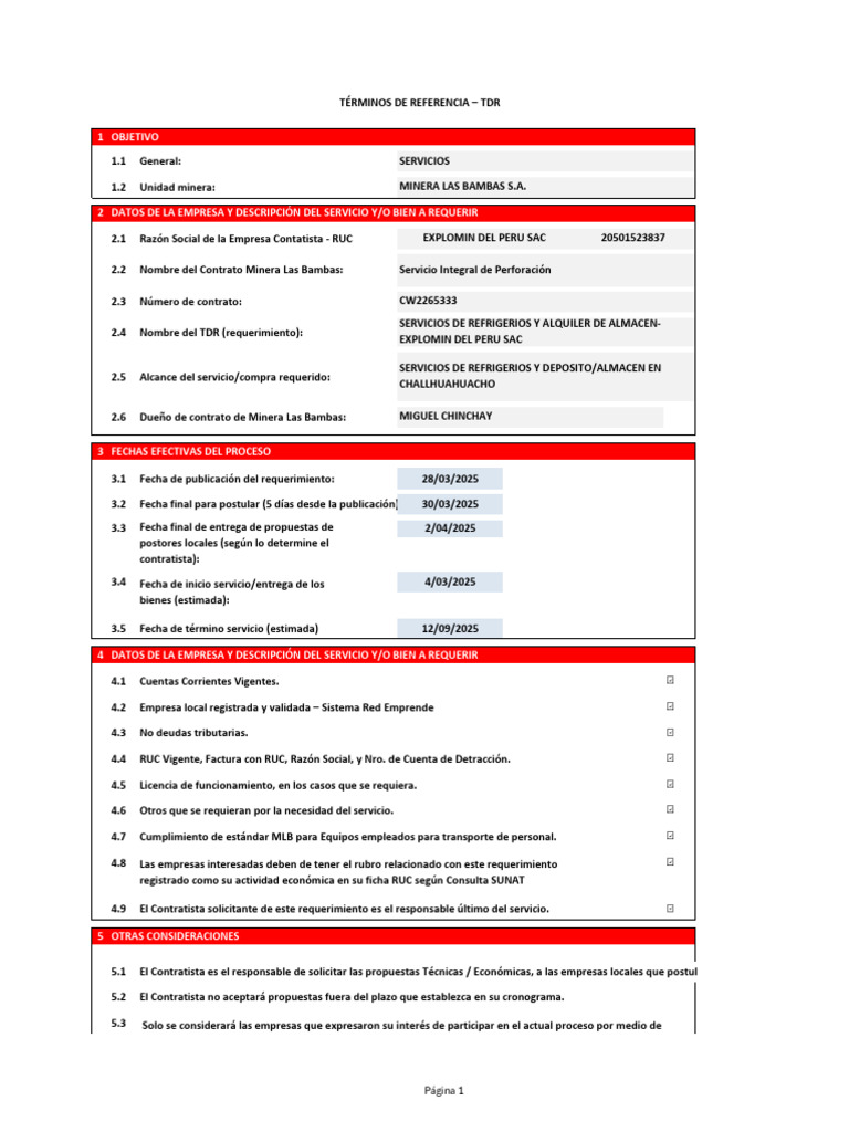 Términos de Referencia - TDR: 1 Objetivo | PDF